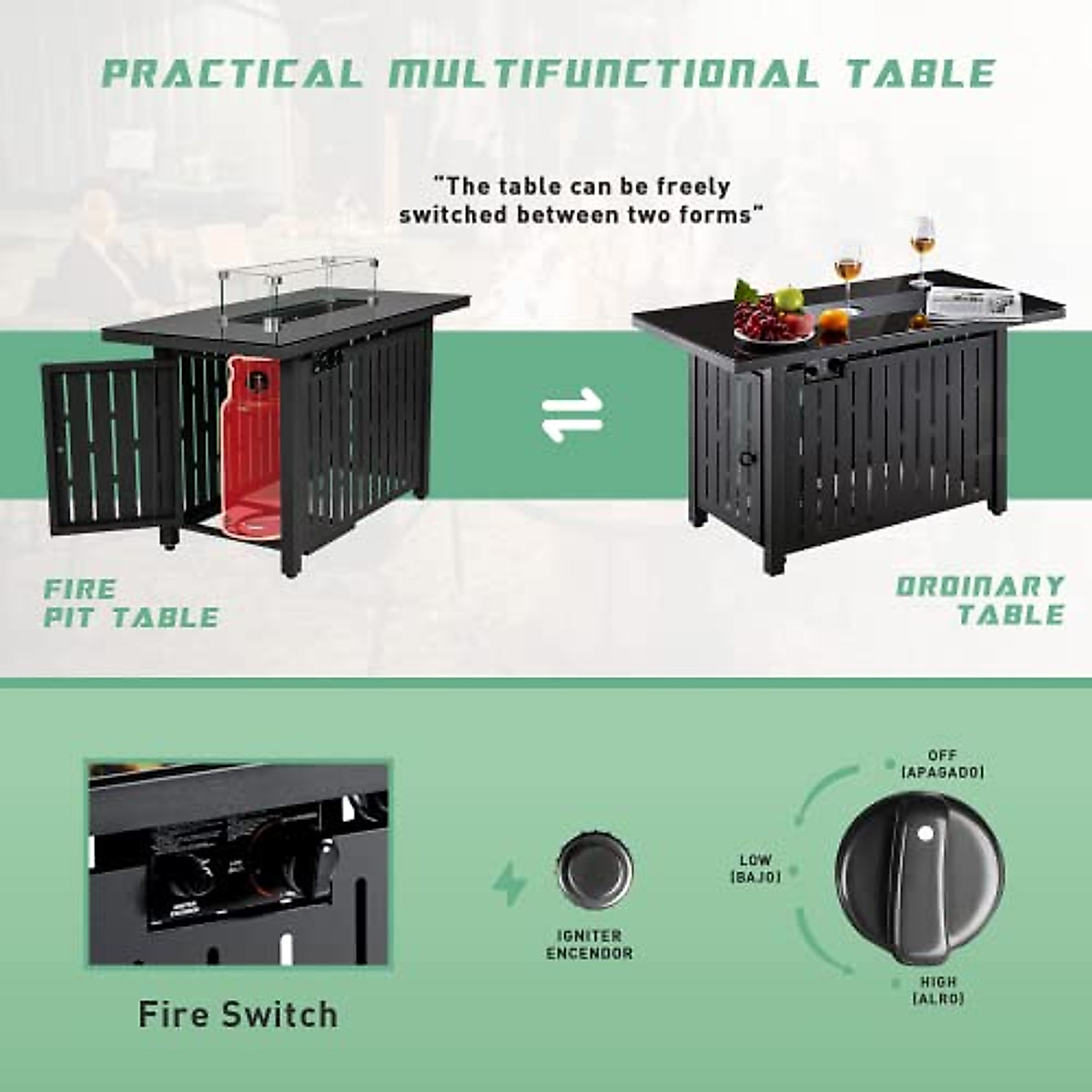 Devoko 7 Pieces Outdoor Patio Furniture Set Sectional Sofa Set with Propane Fire Pit Table and Cushions for Backyard, Bistro and Poolside (Beige)