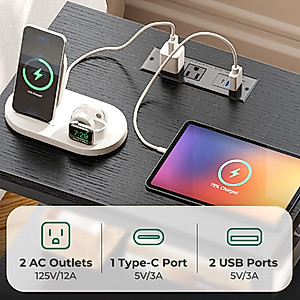 Huuger Night Stand with Charger Station and LED Lights, 2 Drawer Nightstand, Bed Side Table with Open Shelf, End Table, Fabric Dresser for Bedroom, Black