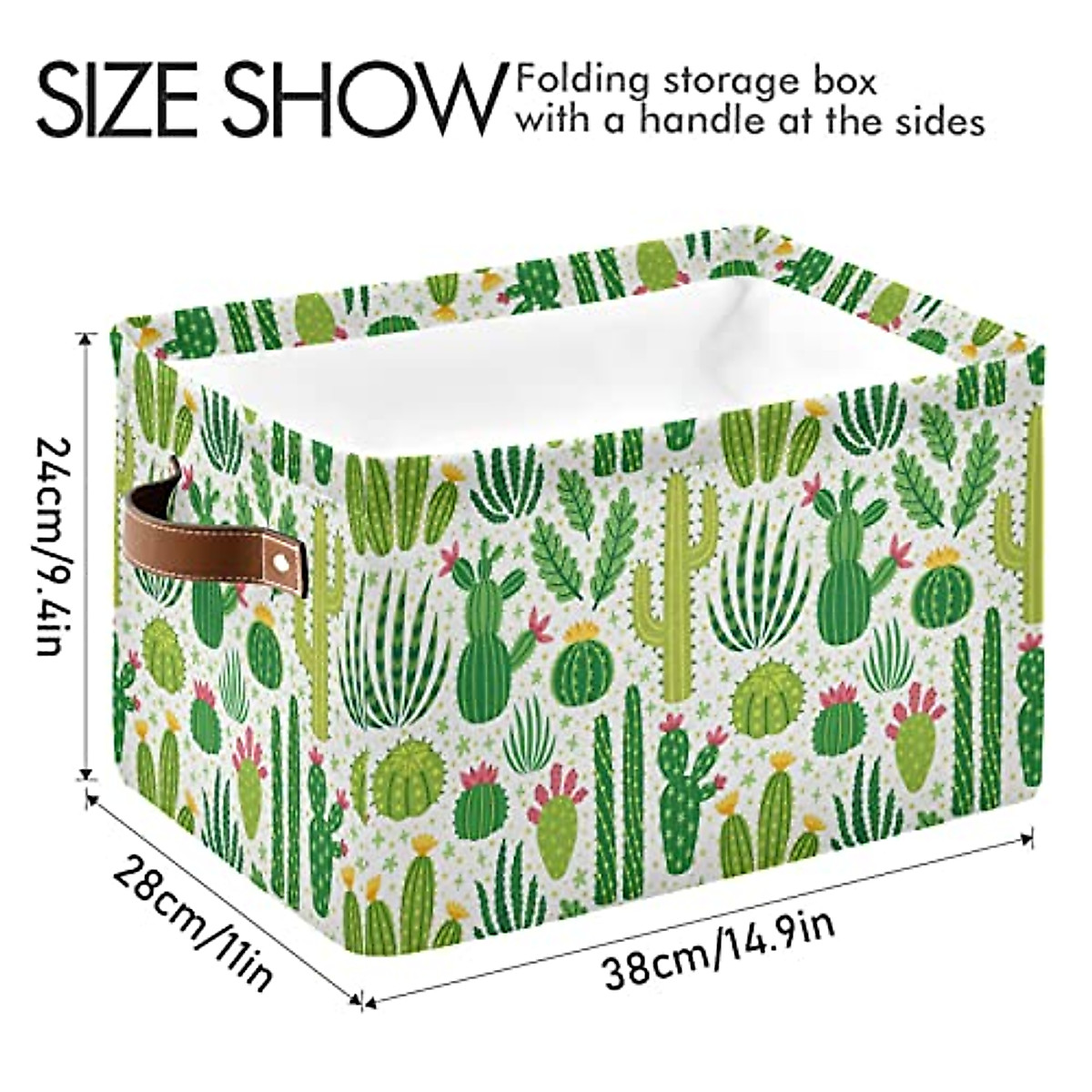 Rectangular Storage Basket Storage Bin - Tropical Cactuses Floral Succulents Collapsible Storage Box with Leather Handles Empty Gift Baskets Organizer for Home, Bedroom