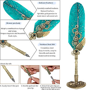 NC Quill Pen and Ink Set, Feather Pen Ink Set, Wax Seal Stamp Set, Feather Calligraphy Pen Set, Valentine’s Day Gift for Writing Lovers Birthday Gift, Holiday Ideal Gift (Green)