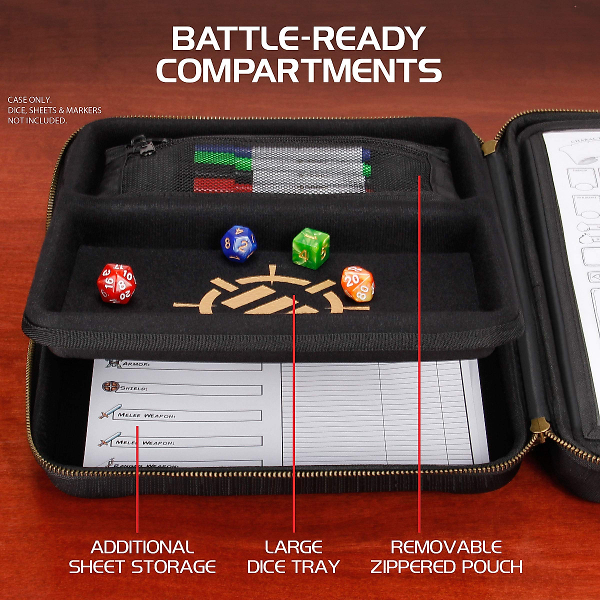 ENHANCE RPG Organizer Case - DND Binder with Built-in Character Sheet Holder and Erasable Scribe Panel, Dice Rolling Area, Removable Pen Pouch, Miniature Foam Tray, Wrist Strap, and More (Black)
