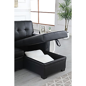 Lilola Home Lexi Black Synthetic Leather Modern Reversible Sleeper Sectional Sofa with Storage Chaise