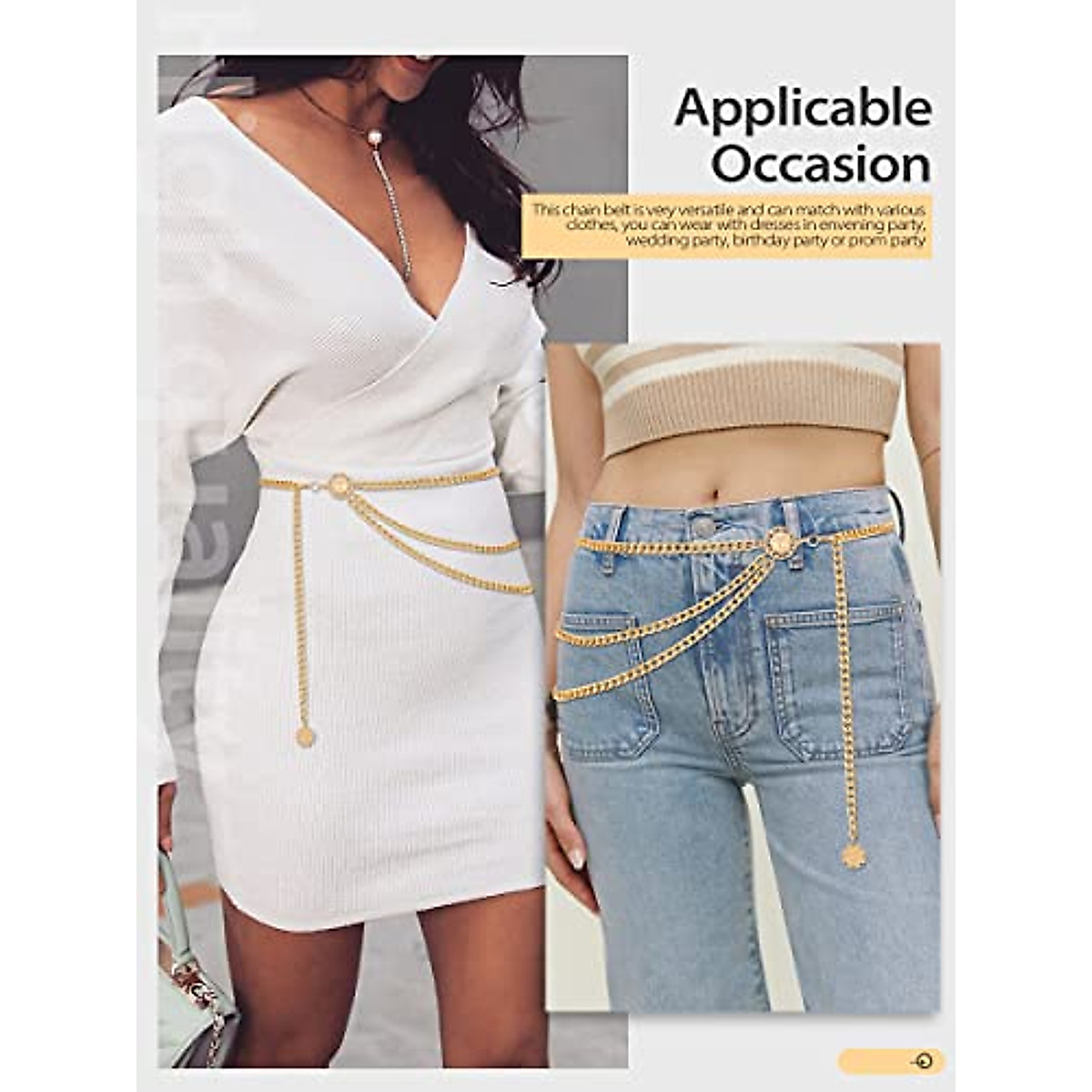 FIORETTO Chain Belt for Women Metal Waist Belts Fashion Multilayer Chain Belts for Dress Sun Gold Length 47in