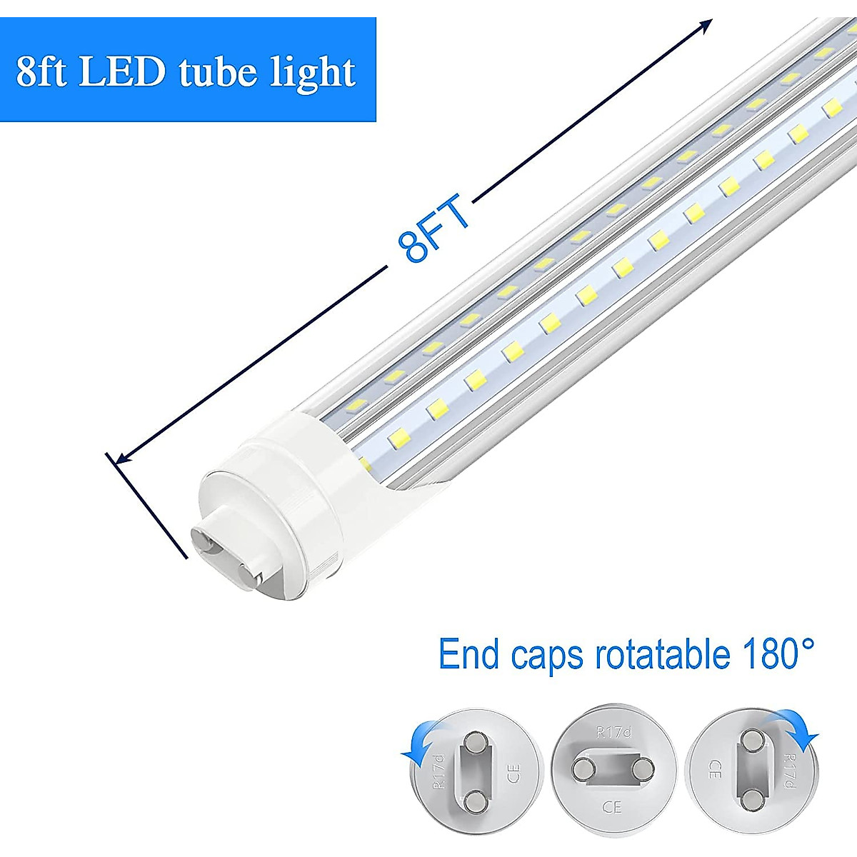 JESLED R17D/HO 8FT LED Bulbs - (12 Pack) Rotate V Shape, 5000K Daylight 72W, 7200LM, 110W Equivalent F96T12/DW/HO, Clear Cover, T8/T10/T12 Replacement, Dual-End Powered, Ballast Bypass