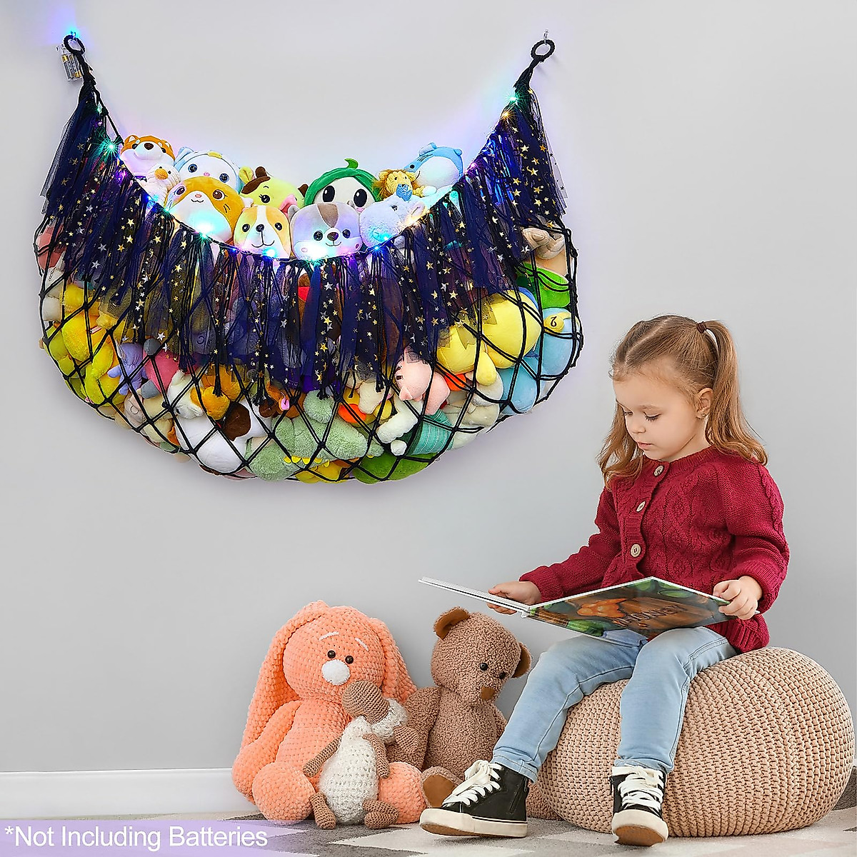 Basumee Stuffed Animals Net or Hammock with LED Light Wall Hanging Stuffed Animals Storage Large Plushie Toy Net for Stuffed Animals Hammock Room Décor with Tassels for Nursery Play Bedrooms Kids Room