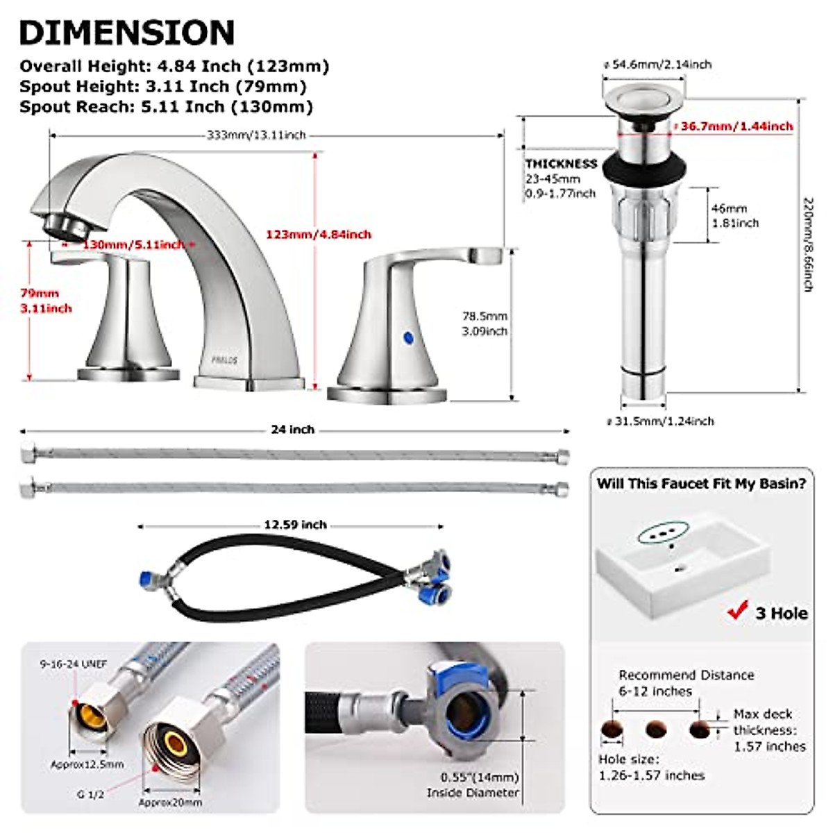 PARLOS Widespread Double Handles Bathroom Faucet with Pop Up Drain and cUPC Faucet Supply Lines, Brushed Nickel, Doris 14172