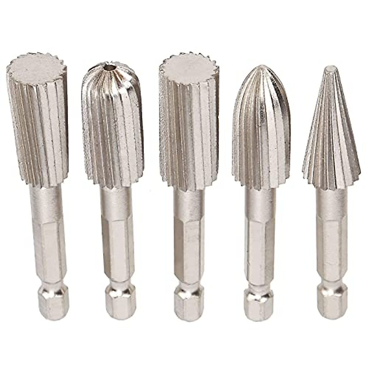 Wisoqu 5Pcs Rotary File Cutting Burrs,14in Hex Shank Double Cut Metal Grinder Drill Bit Set High Speed Steel Rotary File Set,for Carving Polishing