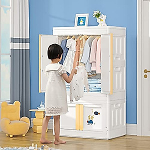 Storage Bins with Lids - Collapsible Storage Bins with Adjustable Shelf and Hanging Rod, Portable Closet Storage Cabinet with Wheels, Stackable Storage Bins for Bedroom Clothes Storage Organizer