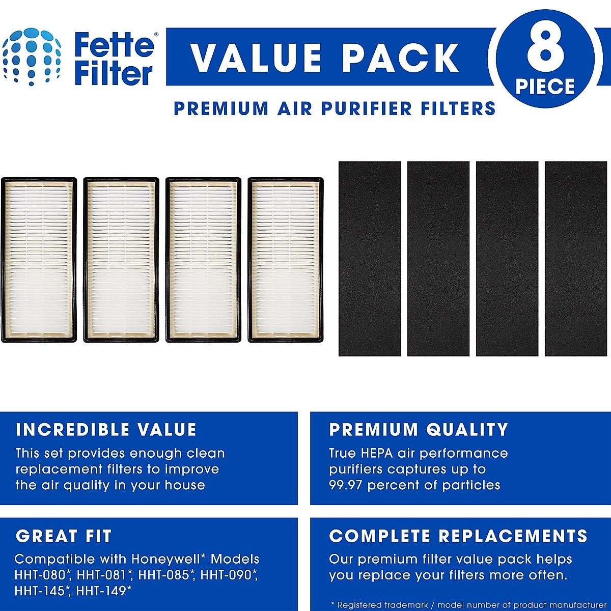 Fette Filter - Air Purifier Filter Compatible with Honeywell HEPAClean Air Purifier Replacement Filter C Pack of 4 HEPA + 4 Pre-Filters for Models HHT-080, HHT-081, HHT-085, HHT-090, HHT-145, HHT-149