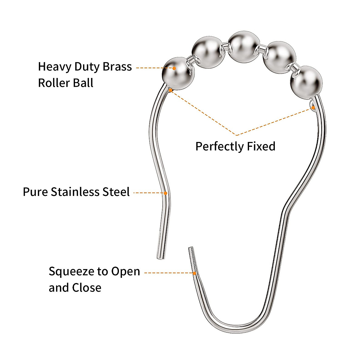 MitoVilla Stainless Steel Shower Curtain Hooks Rings, Nickel Shower Hooks for Shower Curtain Liner, Rolling Balls Rust Proof Shower Rings for Curtain Accessories and Bathroom Shower Rod, Set of 12