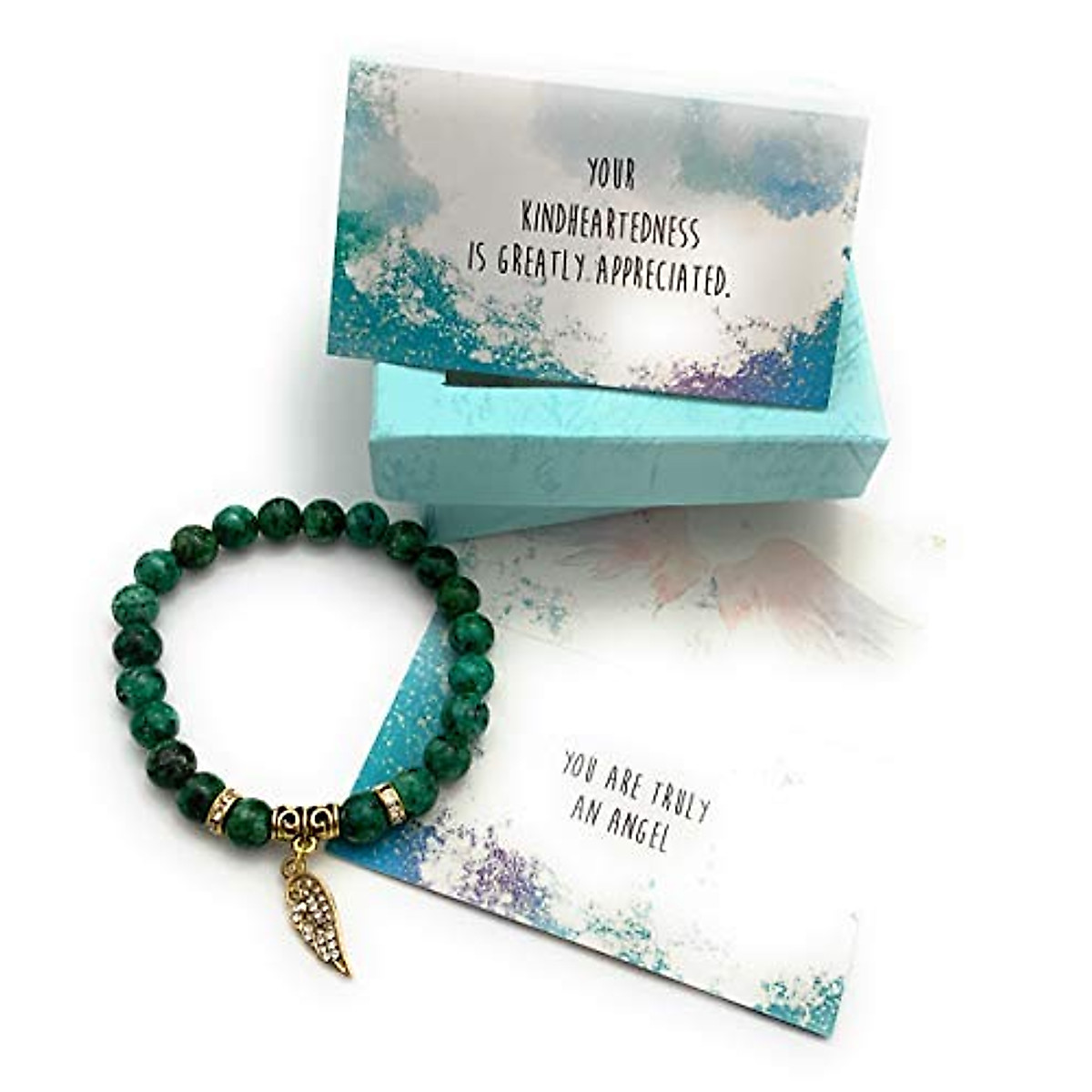 Smiling Wisdom - Angel Wing Appreciation Kindhearted Thank You Keepsake Greeting Card and Stretch Stone Bracelet - Green Rain Flower Stones - 7.5 inches Medium