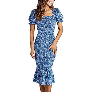 PRETTYGARDEN Women's Summer Floral Midi Bodycon Dresses Short Puff Sleeve Square Neck Ruffle Hem Mermaid Cocktail Dress (Blue,Small)