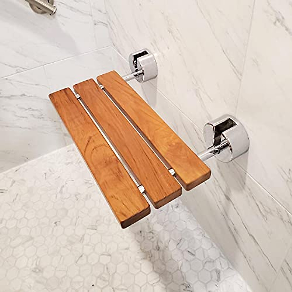 TEAKMAMA 20" Teak Wood Modern Folding Shower Seat Bench, Aluminum Wall-Mounted Foldable Chair Bathroom Stool, Smooth Wood Texture with Rustproof Metal Material, Sturdy to sit for Adults Kids