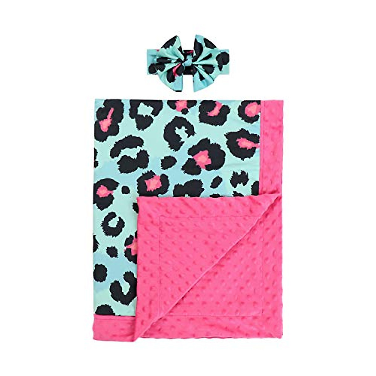 Wowlala Baby Blanket for Newborn- Receiving Blanket and Headband Set for Crib Stroller,Baby Shower Newborn Gift(Leopard Print Turquoises/hot Pink)