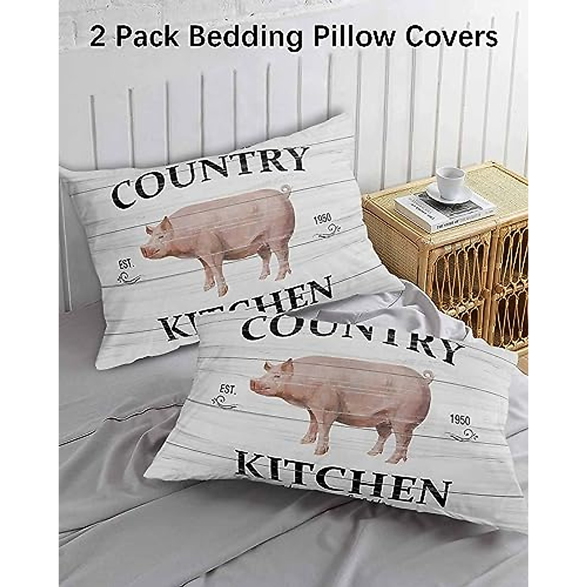 Edwiinsa Farmhouse Pig Pillow Covers Standard Size Set of 2 20x26 Bed Pillow, Farm Animals Rustic Oil Painting Wooden Plush Soft Comfort for Hair/Skin Cooling Pillowcases with Envelop Closure