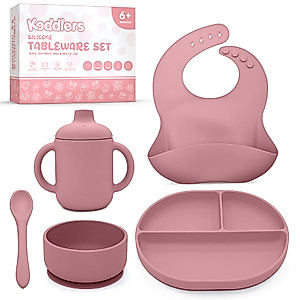Koddlers Silicone Baby Feeding Set - Baby Led Weaning Supplies - Baby Suction Plate and Bowl Set - Baby Self Feeding Spoons Forks Sippy Cup and Bib - Baby Eating Utensils for 6+ Months (Pink)