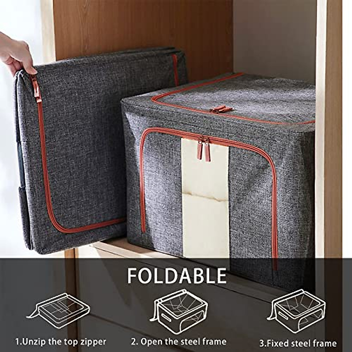 OJIMO Foldable Clothes Storage Bins 2 Pack,Stackable Metal Frame Storage Box w/Reinforced Handle, Stackable Thick Linen Fabric Closet Organizer Set with Clear Windows, Sturdy Zippers(15.4x11.4x7.9in)