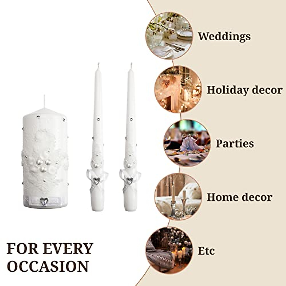 Unity Candles for Wedding Ceremony Set of 3 - Unity Decorative Wedding Candle - 6" Pillar and 2 10" Tapers Candles - Ceremonial Candles Wedding Table Centerpiece - Velas Decorativas para Boda