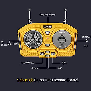 Remote Control Dump Truck Toys | 8.5" × 5.5" | Alloy Metal and Plastic 4WD Vehicle, 9 Channels Construction Vehicle for Kids Gifts and Adults, Model for Construction Lovers with Lights and Sounds