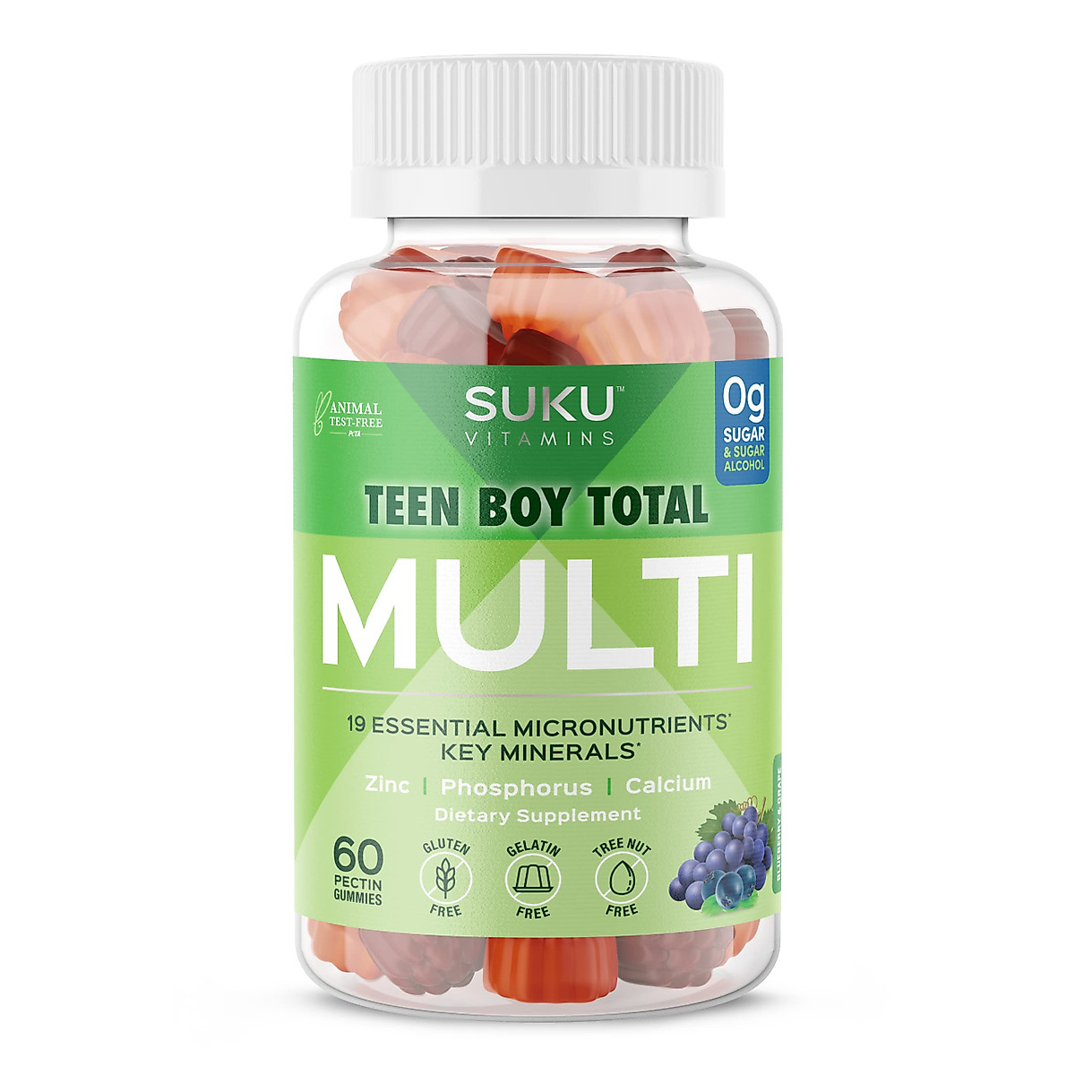 SUKU Vitamins Teen Boy Multivitamin – Sugar Free Vegetarian Gummy Supplement for Teen Boys 19 Essential Nutrients Strengthens Bones Muscles Enhances Energy Health – Blueberry Grape Flavor (60 Count)