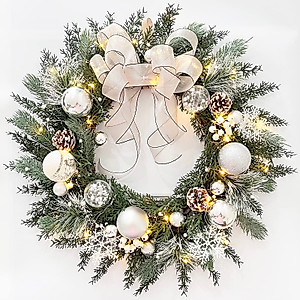 Prelit Christmas Wreath with White Bow and Ball Ornaments, TOKCARE 20 Inch Christmas Wreath with Lights for Front Door Battery Operated Timer 40 LED Lights, Holiday Decoration for Fireplace Xmas Decor