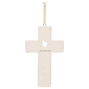 Jesus Loves Me Filigree Heart 7 x 4 Ceramic Stoneware Crib Cross