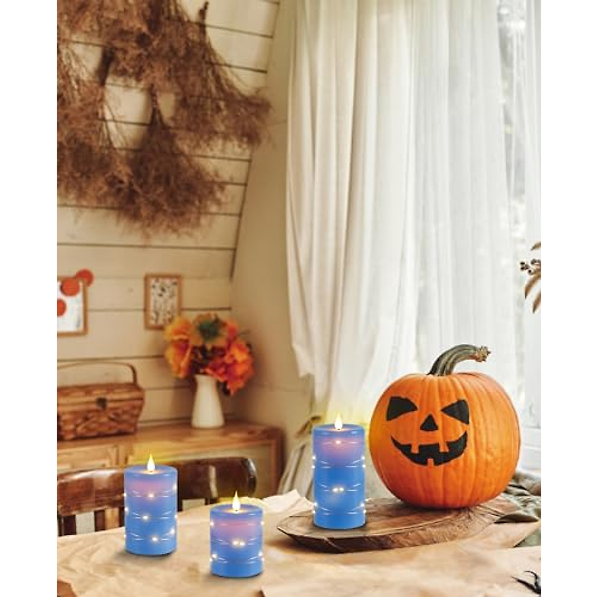 Upinmz Flameless Candle with String of Lights Battery Powered LED Candle Flashing Candle with Remote Control and Timer 3 Packs (Blue)