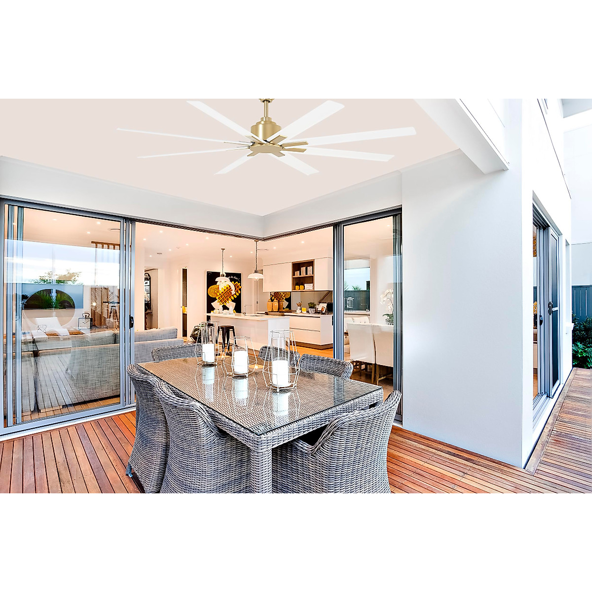 MINKA-AIRE F896-65-SBR/WHF Xtreme H2O 65 Inch DC Motor Outdoor Ceiling Fan with Remote Control in Soft Brass Finish with Flat White Blades