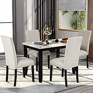 LZ LEISURE ZONE Dining Table Set Kitchen Dining Table Set for 4, Wood Table and Chairs Set (White/Beige, 5 Piece)