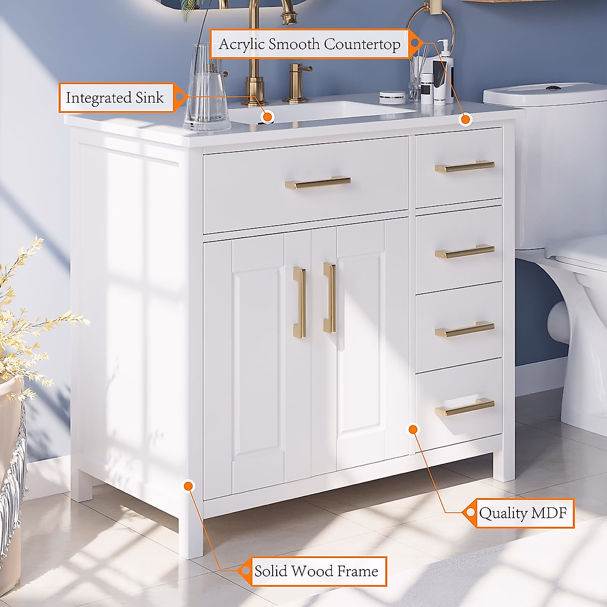AMERLIFE 36" Bathroom Vanity with Sink Combo, Modern Undermount Small Single Bathroom Cabinet Set, Includes 37" Countertop & Integrated Sink, Soft Closing Doors, Bathroom Dresser White