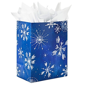Hallmark 17" Extra Large Holiday Gift Bags with Tissue Paper (3 Gift Bags: Starry Snowflakes on Navy Blue) for Christmas, Hanukkah, Weddings, Birthdays