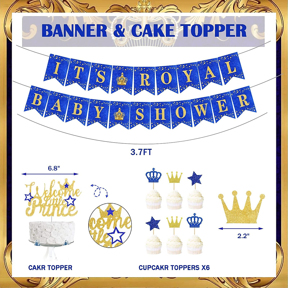 122 PCs Royal Prince Baby Shower Decorations for Boy, Fiesec A Little Prince Is On The Way Its Royal Baby Shower Backdrop Balloon Garland Banner Cake Cupcake Topper Crown Star Blue White Gold