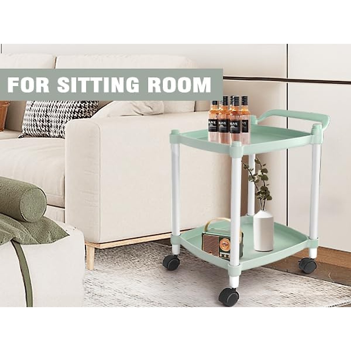 Storage Cart on Wheels Rolling Utility Cart with Wheels, Side Table End Bedside Table with Wheels Green