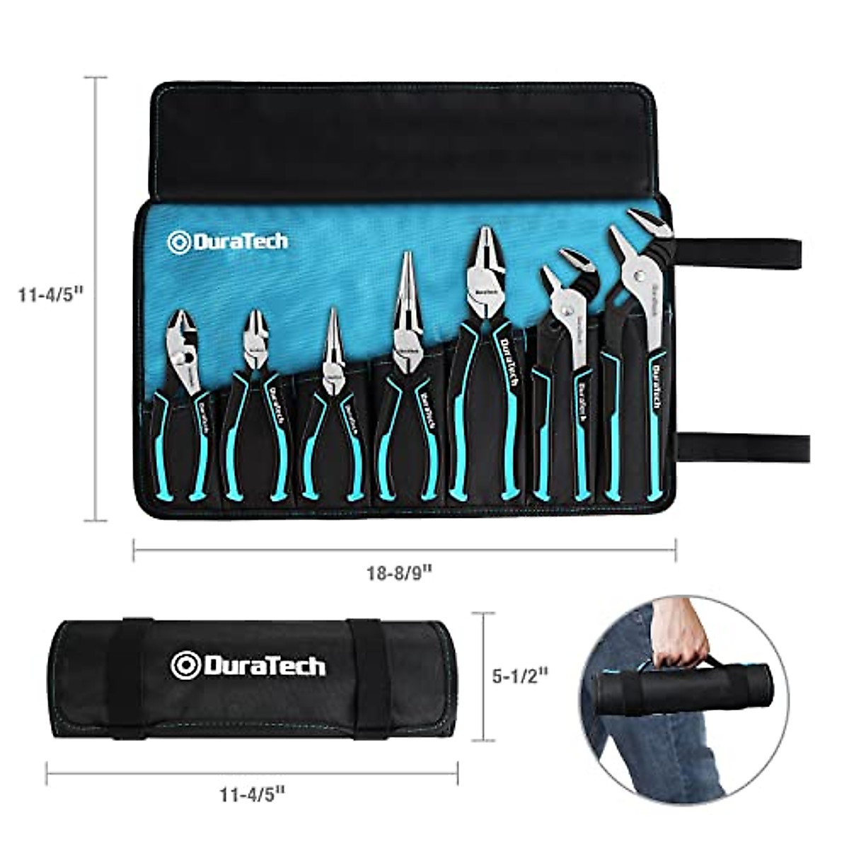 DURATECH 7-Piece Pliers Set, Premium Cr-Ni Construction (10", 8" Groove Joint Pliers, 8", 6" Long Needle Nose, 8" Linesman, 6" Slip Joint, 6" Diagonal) for Basic Repair, with Oxford Rolling Pouch