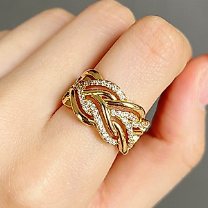 DCFSHEE Fashion Celtic Knot Rings, Line WideTwisted Knot Ring 18k Yellow Gold Plated Half Infinity Band Statement Rings (US size 8)