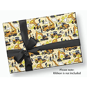Construction Party Gift Wrapping Paper - Folded Flat 30 x 20 Inch (3 Sheets)