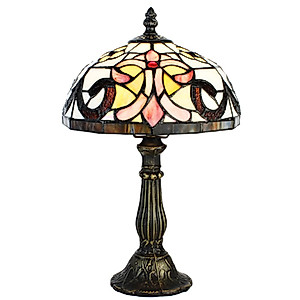 Pink/Amber Fleur-de-lis Tiffany Stained Glass Shade & Lamp Base - Perfect for a Living Room, Bedroom, Office, & More