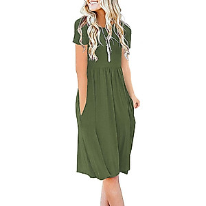 DB MOON Women Summer Casual Short Sleeve Dresses Empire Waist Dress with Pockets (Army Green, L)