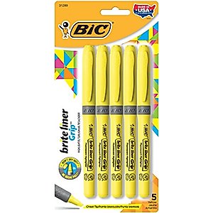 BIC Brite Liner Grip Highlighter, Chisel Tip (1.6 mm), Yellow, For Broad Highlighting & Fine Underlining, 5-Count
