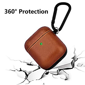 V-MORO Compatible with Airpods Case, Genuine Leather Airpods Case with Keychain for Airpods 2 & 1, Front LED Visible, Protective Cover Skin Brown