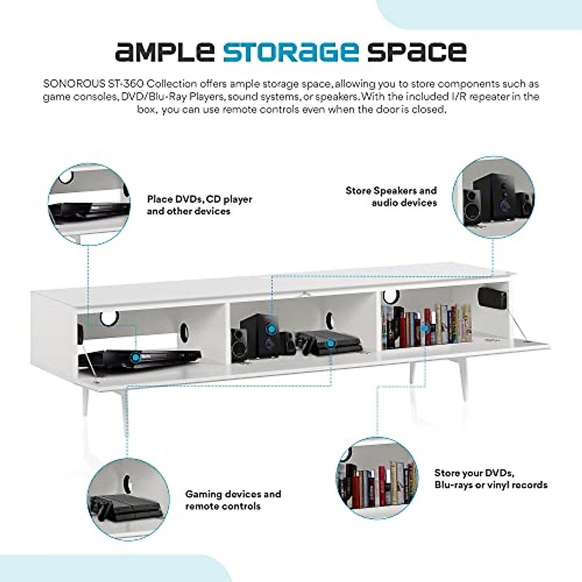 SONOROUS ST-360 Premium TV Stand for Living Room - Luxury Wood & Glass Media Console with Metal Legs - Modern TV & Media Furniture with Storage - White TV Table Support up to 75" - White Wood Cover
