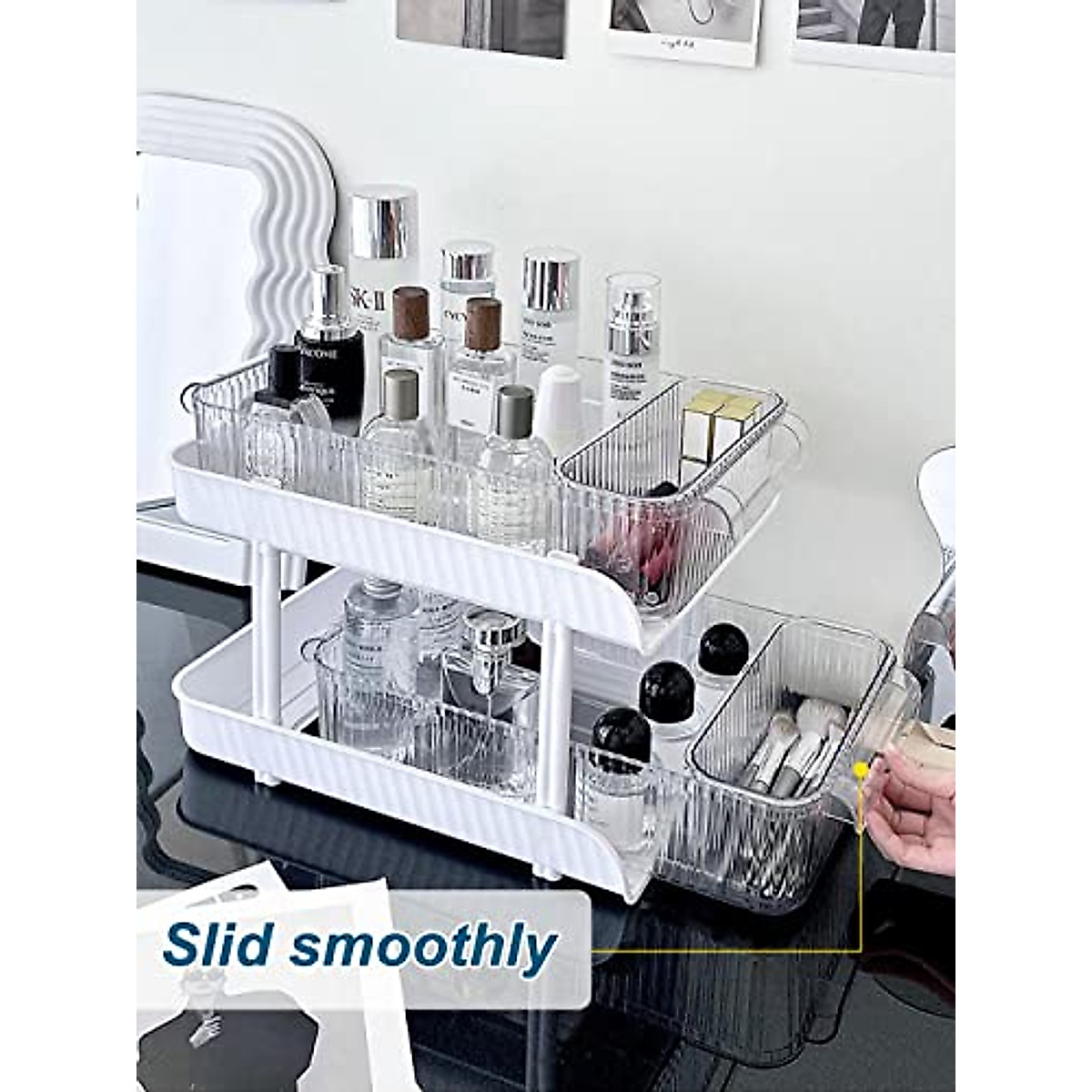 2 Tiers Under Sink Organizers And Storage, Plastic Storage Basket Drawers With Handle, White Multi-Purpose Pull Out Cabinet Organizer Shelf, Counter Organizing Tray For Kitchen, Office, Bathroom
