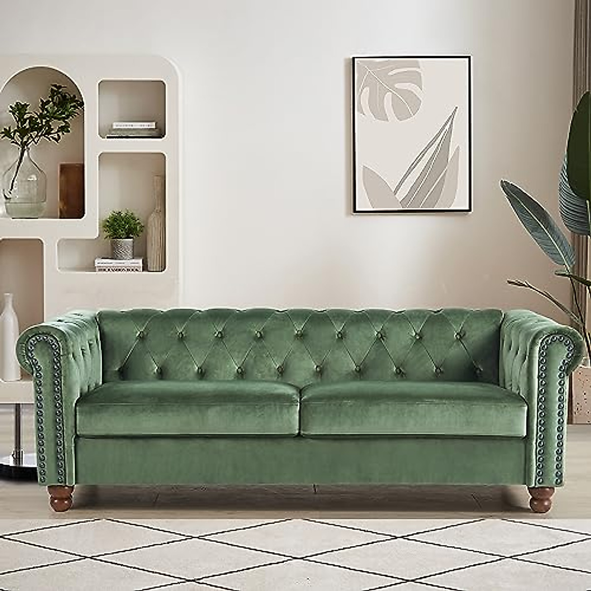 Asucoora Upholstered Chesterfield Tufted Velvet Sofa Couch for Living Room, Rolled Arm 3-Seater Sofa Couch with Nailhead Trim and 2 Neck Roll Pillows