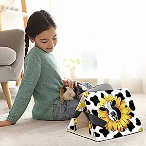 RATGDN Small Pet Hideout Sunflower and Cow Print Hamster House Guinea Pig Playhouse for Dwarf Rabbits Hedgehogs Chinchillas