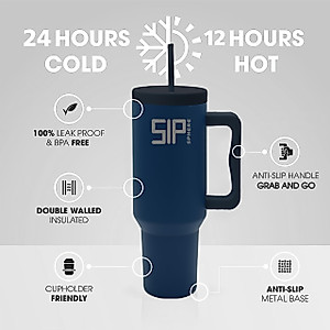 SIP SPHERE Tumbler 40oz Insulated Travel Mug with 2 Straws Double Wall Vacuum Insulated Car Cup Keeps Drinks Hot & Cold (Dark Blue)