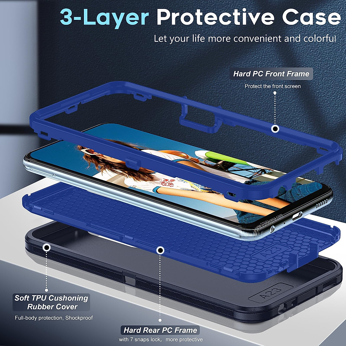 LeYi Compatible for Samsung Galaxy A23 5G Case: Samsung A23 Case [Not Fit A23 5G UW Verizon] with 2 PCS Tempered Glass Screen Protectors, 3 in 1 Full Body Shockproof Rubber Dustproof Rugged Case, Blue