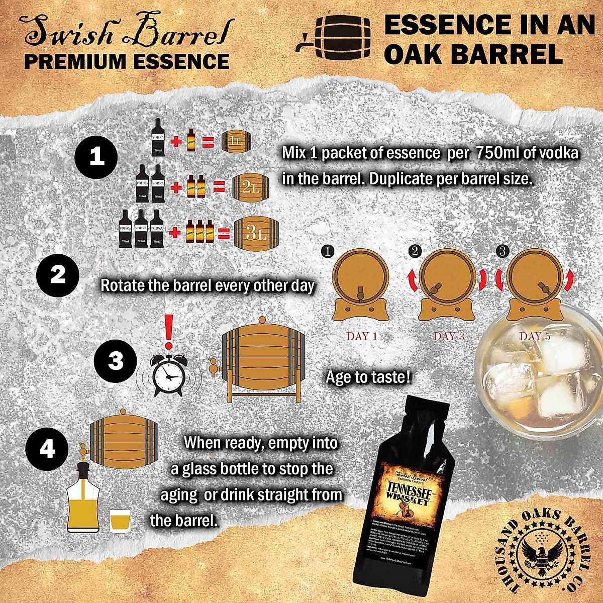 Thousand Oaks Barrel Co. Tennesse Bourbon Whiskey Flavor Essence - Single Pack 20ml (0.65oz) Liquor Essence Refill for Barrel Aging Whiskey Making Kit, Cocktails Mixers - Moonshine Flavoring Supplies