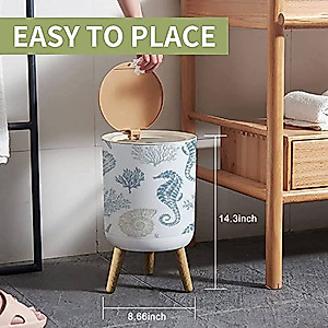 Small Trash Can with Lid Marine hand drawn sea shells stars seahorse coral Highly detailed Round Garbage Can Press Cover Wastebasket Wood Waste Bin for Bathroom Kitchen Office 7L/1.8 Gallon