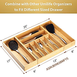 Umilife Bamboo Kitchen Utensils Organizer, Extra Long High Silverware Drawer Holder, Flatware Cutlery Storage Box, Multi-Use Drawer Divider in Office, Bathroom, Pantry - 17"x6"x2.5" (Set of 2)