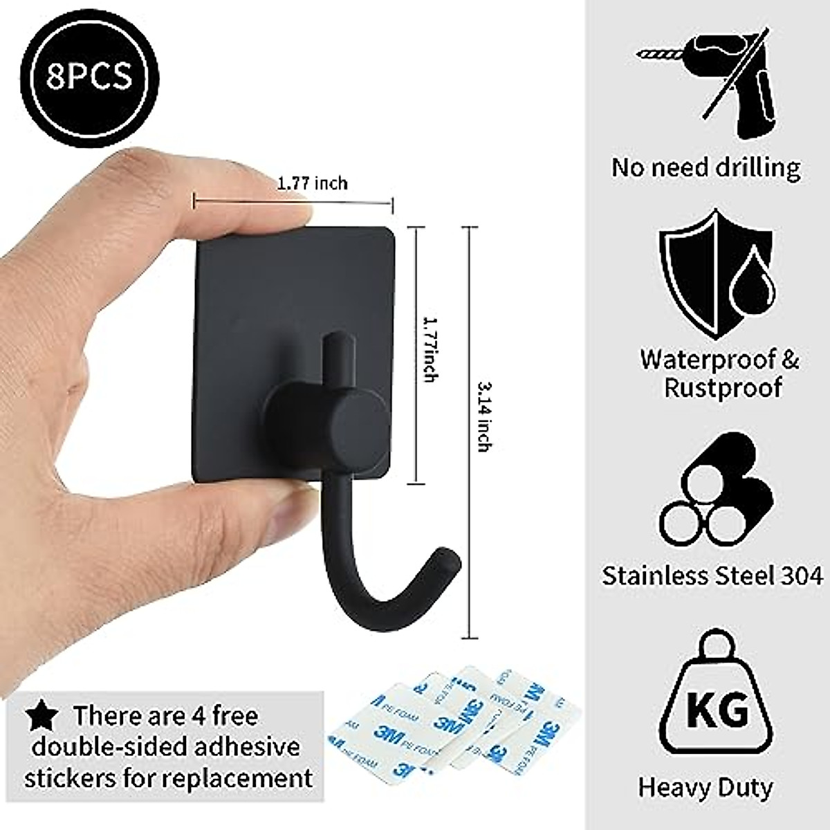 Adhesive Wall Hooks, Matte Black Stainless Steel Coat Hook, Heavy Duty Waterproof Towel Hooks for Hanging, Self-Adhesive Robe Shower Hooks, Bedroom Bathroom Kitchen Wall Mount Hooks - 8 Pack